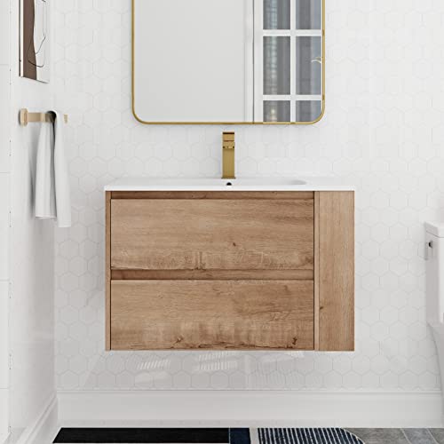 SSLine Wall Mounted Bathroom Vanity with Sink Modern 30" Floating Bathroom Vanity with Top Basin & Storage Drawers Imitative Oak Wood Hanging Bath Cabinet w/Gel Sink and Shelves for Small Space