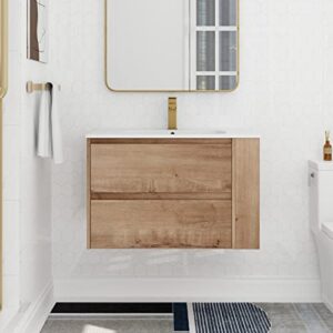 SSLine Wall Mounted Bathroom Vanity with Sink Modern 30" Floating Bathroom Vanity with Top Basin & Storage Drawers Imitative Oak Wood Hanging Bath Cabinet w/Gel Sink and Shelves for Small Space