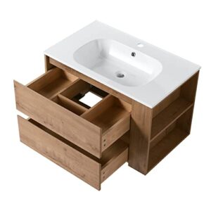 SSLine Wall Mounted Bathroom Vanity with Sink Modern 30" Floating Bathroom Vanity with Top Basin & Storage Drawers Imitative Oak Wood Hanging Bath Cabinet w/Gel Sink and Shelves for Small Space