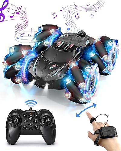 Jovow RC Stunt Car, 2.4GHz 4WD Gesture Sensing Remote Control Car with Cool Light and Music, Double-Sided 360° Flips RC Cars for Boys Age 6-12 4-7 8-12 Birthday Gifts Toy Cars(Blue)