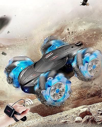 Jovow RC Stunt Car, 2.4GHz 4WD Gesture Sensing Remote Control Car with Cool Light and Music, Double-Sided 360° Flips RC Cars for Boys Age 6-12 4-7 8-12 Birthday Gifts Toy Cars(Blue)