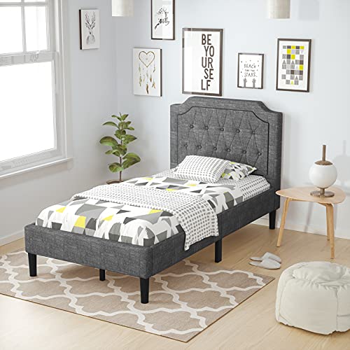 GORELAX Upholstered Twin Bed Frame, Mattress Foundation with Curved Button Tufted Headboard & Wooden Slats, Diamond Stitched Panel Bed Base, Easy Assembly, 16 inch Tall Single Platform Bed Frame Grey