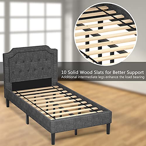 GORELAX Upholstered Twin Bed Frame, Mattress Foundation with Curved Button Tufted Headboard & Wooden Slats, Diamond Stitched Panel Bed Base, Easy Assembly, 16 inch Tall Single Platform Bed Frame Grey