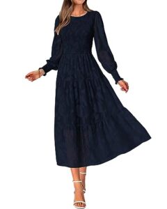 btfbm casual women's 2023 fall dresses elegant wedding guest dress long sleeve floral midi dress flowy bohemian long dress(navy,large)