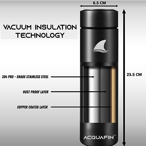 ACQUAFIN Vacuum Insulated Water Bottle - Digital Tumbler with Smart LED Temperature Display - Leak Proof 24H Thermos for Travel, School, Sports, Coffee, Tea, and Cold Drinks 500ML (Black).