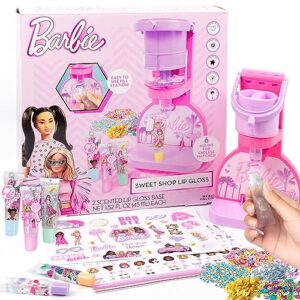 barbie sweet shop lip gloss making kit, makes 12 accessories, lip glosses & keychains, arts and crafts kit for kids ages 6+, gifts for 6 year old girl