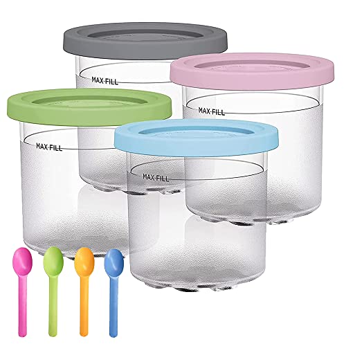 HAYZUSZ 4 Pack Containers Replacement for Ninja Creami Pints and Lids 16oz Cups Compatible with NC300 NC301 NC299AMZ Series Ice Cream Maker - Dishwasher Safe, Leak Proof Lids - 4 Pack Ice Cream Spoons