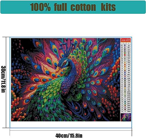 Peacock Stamped Cross Stitch Kits - Colorful 11CT Printed Easy Pattern Needlepoint Kits Embroidery Crafts for Adults Beginners Gift 12x16 Inch