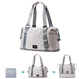 hanke expandable tote bag foldable duffle bag for travel carry on weekend bag for women with adjustable shoulder strap gym bag for men garment bag.（dune grey）