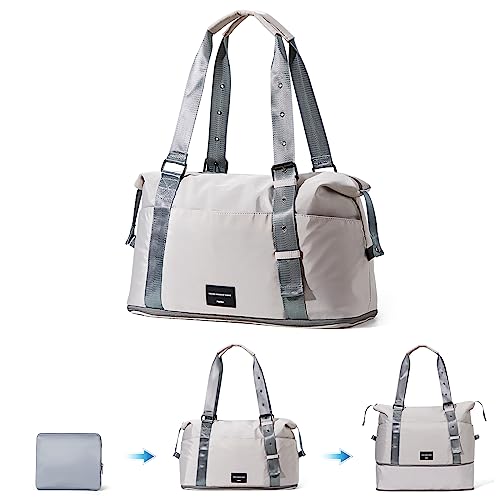 Hanke Expandable Tote Bag Foldable Duffle Bag for Travel Carry on Weekend Bag for Women with Adjustable Shoulder Strap Gym Bag for Men Garment Bag.（Dune Grey）