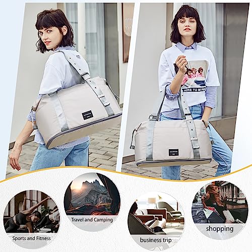 Hanke Expandable Tote Bag Foldable Duffle Bag for Travel Carry on Weekend Bag for Women with Adjustable Shoulder Strap Gym Bag for Men Garment Bag.（Dune Grey）