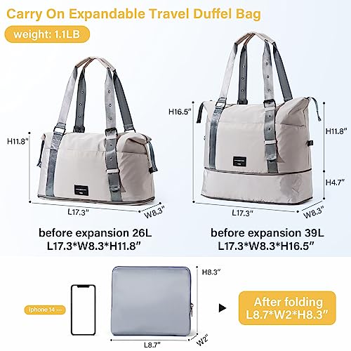 Hanke Expandable Tote Bag Foldable Duffle Bag for Travel Carry on Weekend Bag for Women with Adjustable Shoulder Strap Gym Bag for Men Garment Bag.（Dune Grey）