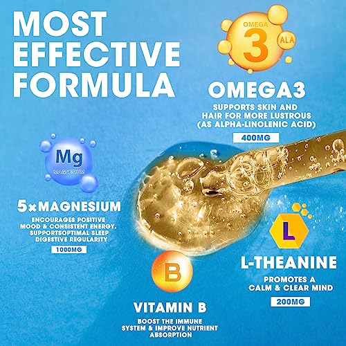 Magnesium Glycinate Liquid Drop with Citrate, Oxide and Taurate, Calm Magnesium with Omega3, L-Theanine, D3, B6, B12 for Calm, Sleep, Leg Cramps, Muscles, Energy, Sugar-Free Strawberry Flavor, 2 Fl Oz