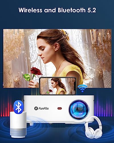 Native 1080P 5G 4K Projector with WiFi and Bluetooth, FunFlix 20000L High-bright Projector, 4P/4D Keystone/Zoom,300" Display, Movie Outdoor Indoor Projector for HDMI, USB, Phone, Laptop, TV Stick