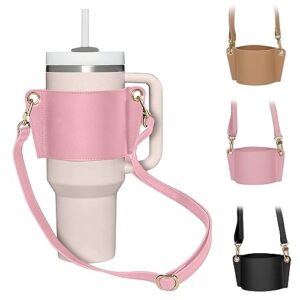 tumbler tote water bottle carrier strap leather compatible with stanley 30/40oz tumbler with handle, adjustable shoulder strap credit card holder keyring for keys for travel yoga workout pink…