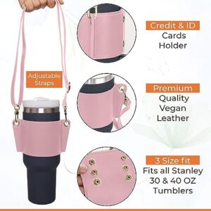 Tumbler Tote Water Bottle Carrier Strap Leather Compatible with Stanley 30/40oz Tumbler with Handle, Adjustable Shoulder Strap Credit Card Holder Keyring for Keys for Travel Yoga Workout Pink…