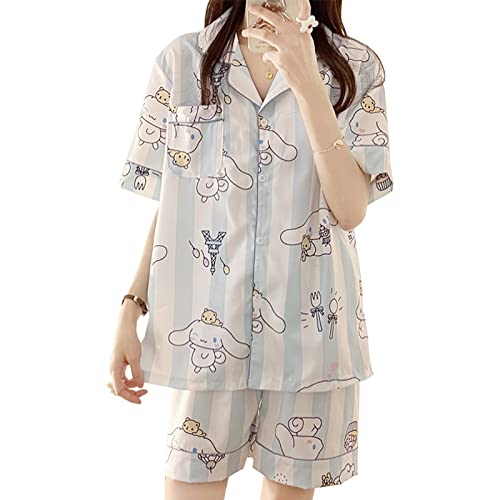 Oxsioeih Kawaii Silk Pajamas Set for Women & Girls Cute Cartoons Satin Button-down Shorts Two-piece Pj Sets Cardigan Sleepwear Loungewear for Summer