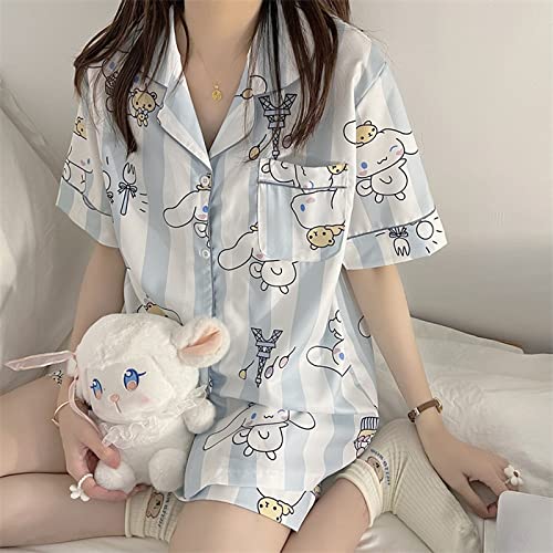 Oxsioeih Kawaii Silk Pajamas Set for Women & Girls Cute Cartoons Satin Button-down Shorts Two-piece Pj Sets Cardigan Sleepwear Loungewear for Summer