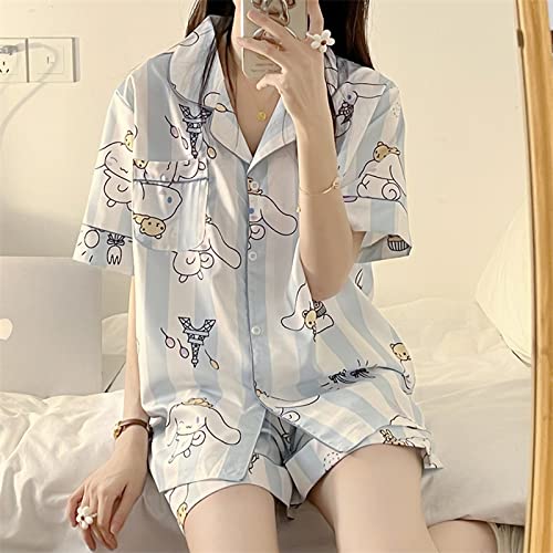 Oxsioeih Kawaii Silk Pajamas Set for Women & Girls Cute Cartoons Satin Button-down Shorts Two-piece Pj Sets Cardigan Sleepwear Loungewear for Summer