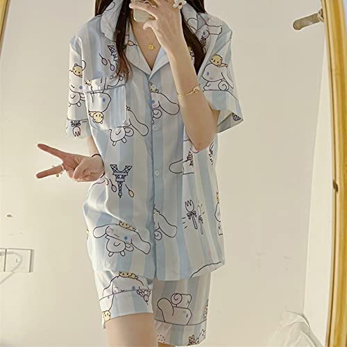 Oxsioeih Kawaii Silk Pajamas Set for Women & Girls Cute Cartoons Satin Button-down Shorts Two-piece Pj Sets Cardigan Sleepwear Loungewear for Summer