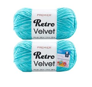 premier yarns retro velvet yarn - big ball 9.8 oz - 2 pack bundle with bella's crafts stitch markers (aqua)