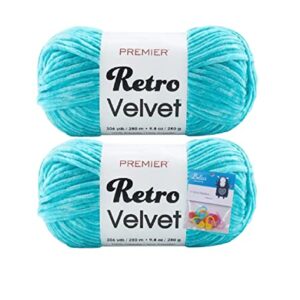 Premier Yarns Retro Velvet Yarn - Big Ball 9.8 Oz - 2 Pack Bundle with Bella's Crafts Stitch Markers (Aqua)