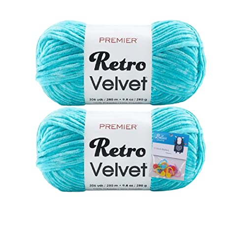 Premier Yarns Retro Velvet Yarn - Big Ball 9.8 Oz - 2 Pack Bundle with Bella's Crafts Stitch Markers (Aqua)