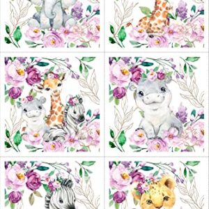 Safari Violet Flowers Roses Fabric Panel Set (6 Panels), Quilting Panels, Baby Quilt Panels, Cotton Baby Panels, Panel for Quilting