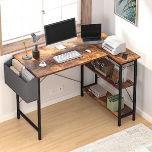 sinewayone l shaped computer desk, 47" corner desk with storage shelves, office desk with storage bag, work desk for home, office, workstation, small space, rustic brown