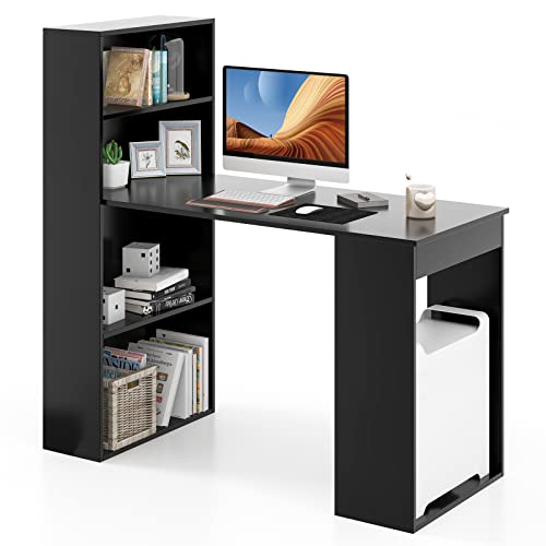 IFANNY 48 Inch Computer Desk with Bookshelf, Reversible Home Office Desk with Open Shelves & CPU Stand, Modern Space-Saving Writing Desk Computer Workstation for Study, Living Room (Black)