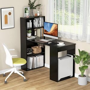 IFANNY 48 Inch Computer Desk with Bookshelf, Reversible Home Office Desk with Open Shelves & CPU Stand, Modern Space-Saving Writing Desk Computer Workstation for Study, Living Room (Black)