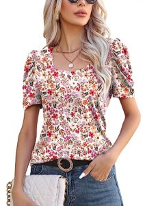 ladies romantic tops hawaiian shirts for women square neck top fitted tops for women sexy casual trendy short sleeve tops white red floral l