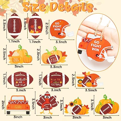 CNhoqc 37pcs Fall Football Wooden Hanging Ornament Set, 12 Designs Happy Fall Football Pumpkin Maple Leaf Wooden Pendent Ornament with Ropes Fall Football Party Favor Supplies Indoor Outdoor Decor