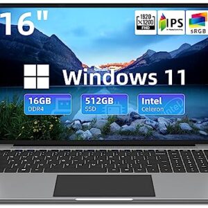 jumper 16 Inch Laptop, 16GB RAM 512GB SSD, Quad-Core Intel Celeron N5095, FHD IPS 1920x1200 Screen, Windows 11 Laptops Computer with Four Stereo Speakers, Cooling System, 38WH Battery, Numeric Keypad.