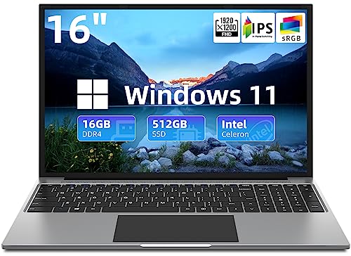 jumper 16 Inch Laptop, 16GB RAM 512GB SSD, Quad-Core Intel Celeron N5095, FHD IPS 1920x1200 Screen, Windows 11 Laptops Computer with Four Stereo Speakers, Cooling System, 38WH Battery, Numeric Keypad.