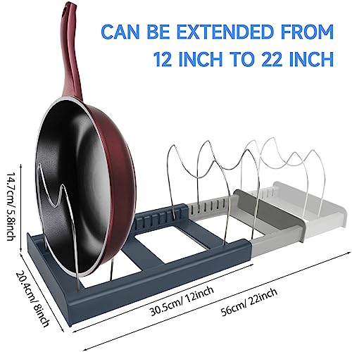 Expandable Pots and Pans Organizer for Cabinet, Pot Lit Organizer Holder with 10 Wire Dividers Adjustable Pan Rack Organizer for Kitchen Storage of Cookware, Plate, Cutting Board, Baking Sheet