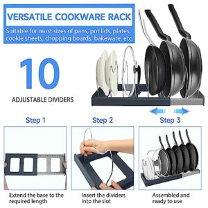 Expandable Pots and Pans Organizer for Cabinet, Pot Lit Organizer Holder with 10 Wire Dividers Adjustable Pan Rack Organizer for Kitchen Storage of Cookware, Plate, Cutting Board, Baking Sheet