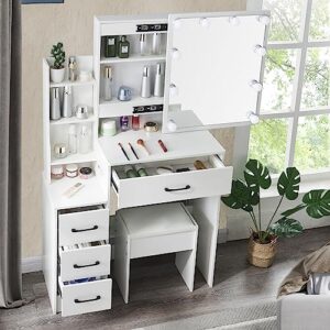 white vanity desk with power outlet,vanity table with mirror and lights,makeup vanity with 5 drawers and cushioned stool,modern dressing table dresser for girls bedroom