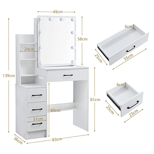 White Vanity Desk with Power Outlet,Vanity Table with Mirror and Lights,Makeup Vanity with 5 Drawers and Cushioned Stool,Modern Dressing Table Dresser for Girls Bedroom