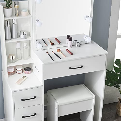 White Vanity Desk with Power Outlet,Vanity Table with Mirror and Lights,Makeup Vanity with 5 Drawers and Cushioned Stool,Modern Dressing Table Dresser for Girls Bedroom