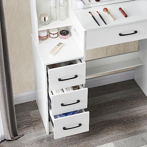 White Vanity Desk with Power Outlet,Vanity Table with Mirror and Lights,Makeup Vanity with 5 Drawers and Cushioned Stool,Modern Dressing Table Dresser for Girls Bedroom