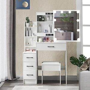 White Vanity Desk with Power Outlet,Vanity Table with Mirror and Lights,Makeup Vanity with 5 Drawers and Cushioned Stool,Modern Dressing Table Dresser for Girls Bedroom