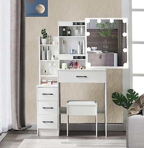 White Vanity Desk with Power Outlet,Vanity Table with Mirror and Lights,Makeup Vanity with 5 Drawers and Cushioned Stool,Modern Dressing Table Dresser for Girls Bedroom