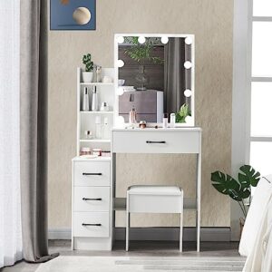 White Vanity Desk with Power Outlet,Vanity Table with Mirror and Lights,Makeup Vanity with 5 Drawers and Cushioned Stool,Modern Dressing Table Dresser for Girls Bedroom