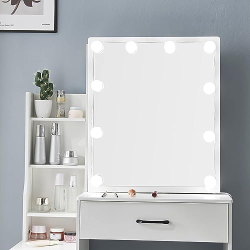 Caulitar Modern Vanity Desk with Mirror and Lights, White Vanity Desk with Stool and 4 Storage Drawers, Bedroom Makeup Vanity for Women Girls