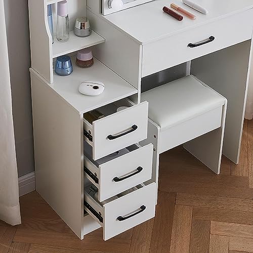 Caulitar Modern Vanity Desk with Mirror and Lights, White Vanity Desk with Stool and 4 Storage Drawers, Bedroom Makeup Vanity for Women Girls