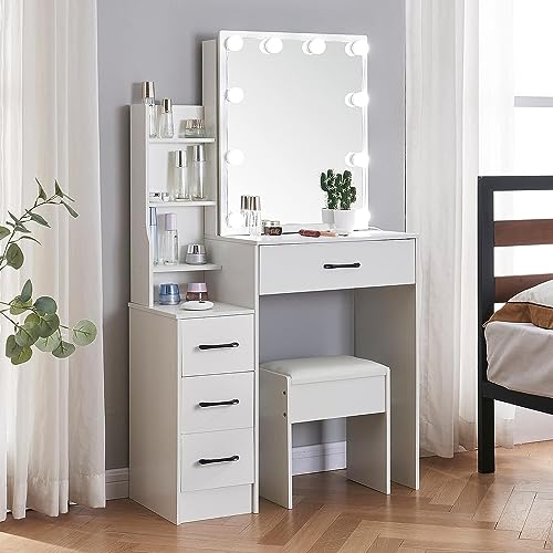 Caulitar Modern Vanity Desk with Mirror and Lights, White Vanity Desk with Stool and 4 Storage Drawers, Bedroom Makeup Vanity for Women Girls