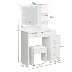 Caulitar Vanity Desk with Mirror and Lights, White Makeup Vanity Set with 5 Drawers, Girls Vanity Table for Bedroom