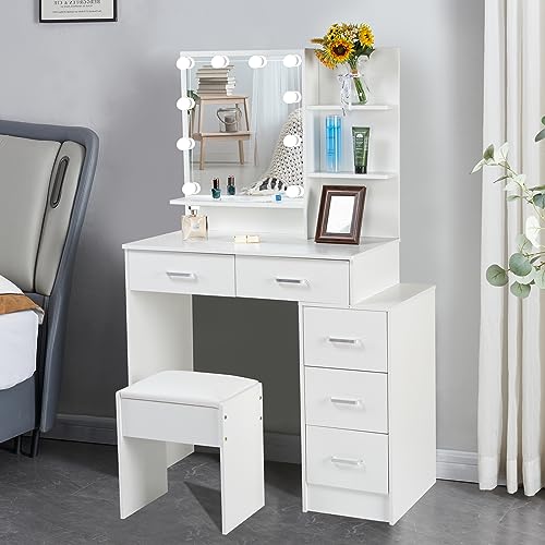 Caulitar Vanity Desk with Mirror and Lights, White Makeup Vanity Set with 5 Drawers, Girls Vanity Table for Bedroom