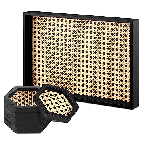 Rectangle Rattan Hometray Serving Tray with 4 Pcs Hexagon Rattan Black Coasters Ottoman Food Tray Rattan Decorate Basket Tray with Wooden Frame for Coffee Breakfast Drink Jewelry Accessory Square Tray